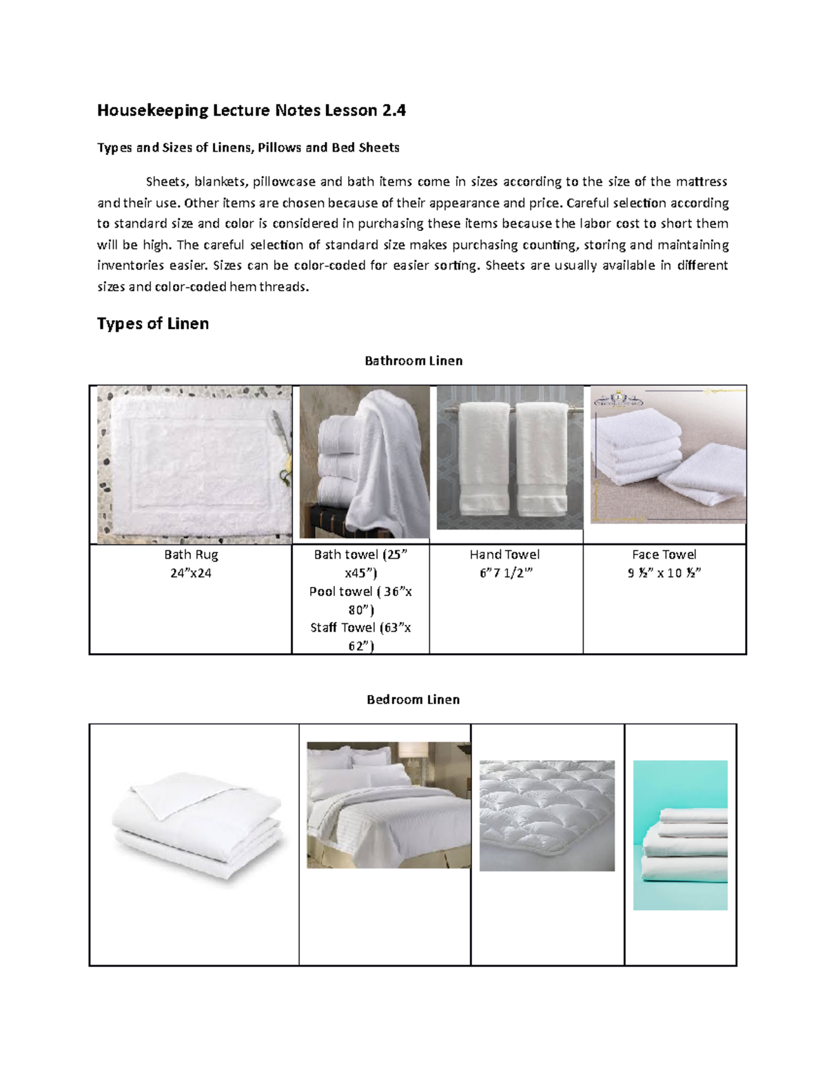 Housekeeping Lecture Notes: Essential Linens & Bed Making Procedures ...