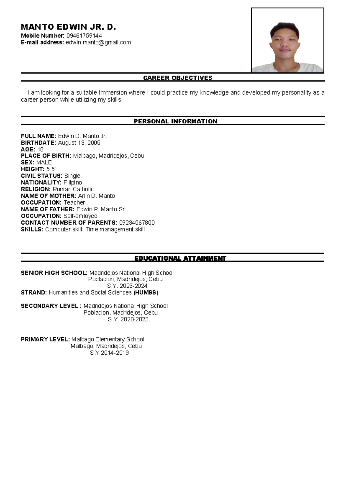 EDWIN MANTO JR. - Education Student Resume & Career Objectives - Studocu