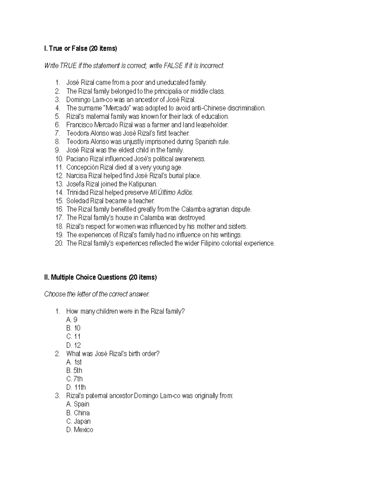 Family of Rizal - Quiz (20 True/False & MC Questions) - Studocu