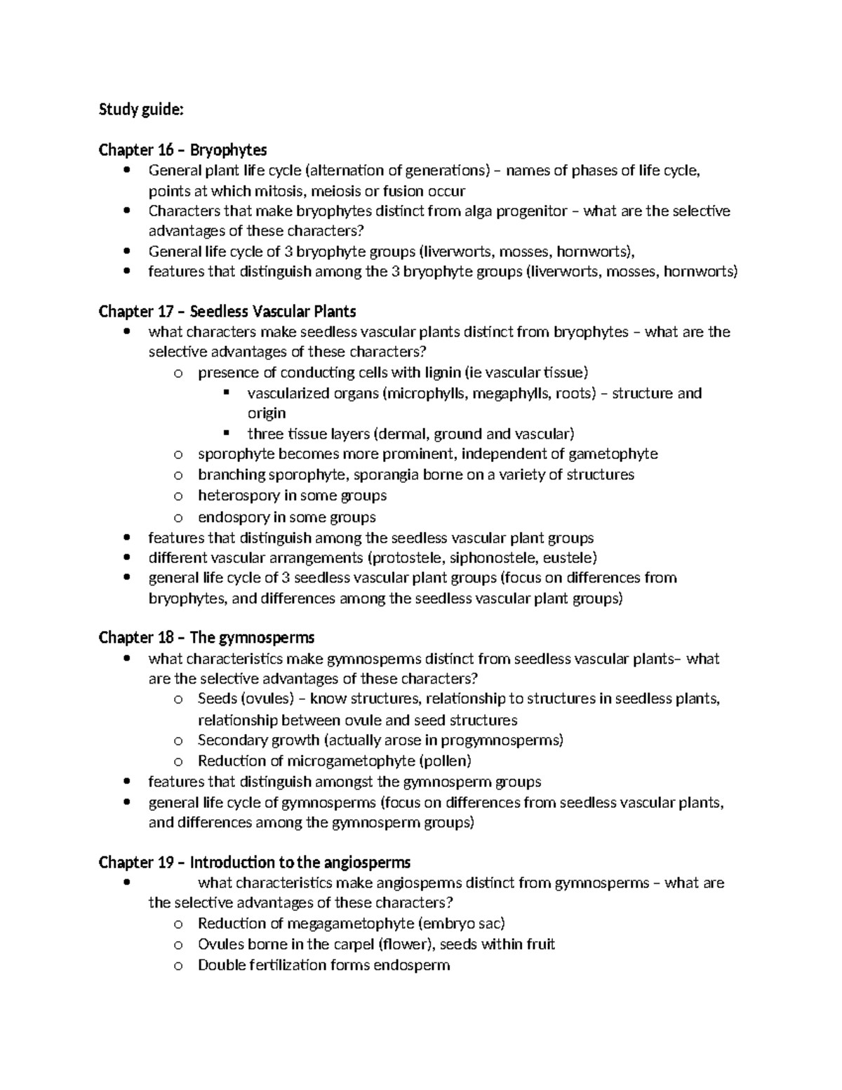 Midterm Study Guide: Bryophytes to Angiosperms (2026) - Studocu