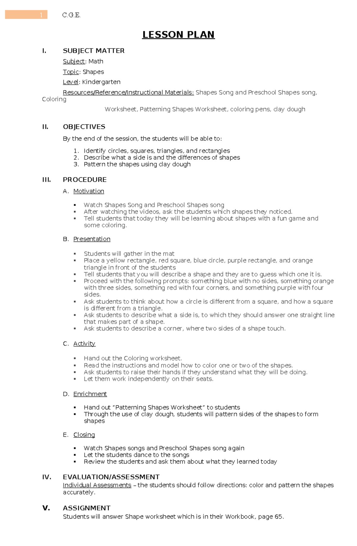 Kindergarten Math Lesson Plan on Shapes - C.G.E. - Studocu