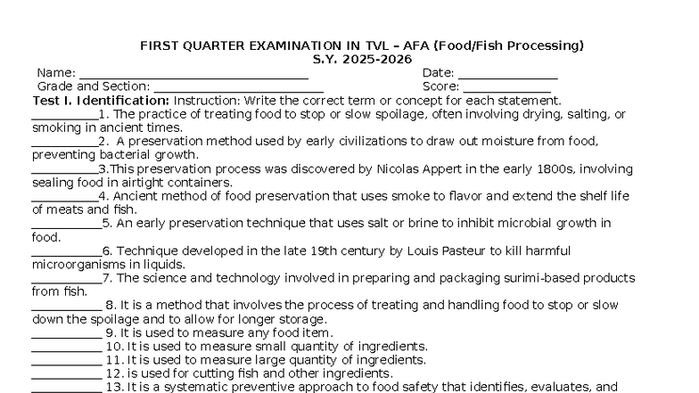 First Quarter Exam in TVL AFA (Processing) S.Y. 2023-2024 - Studocu