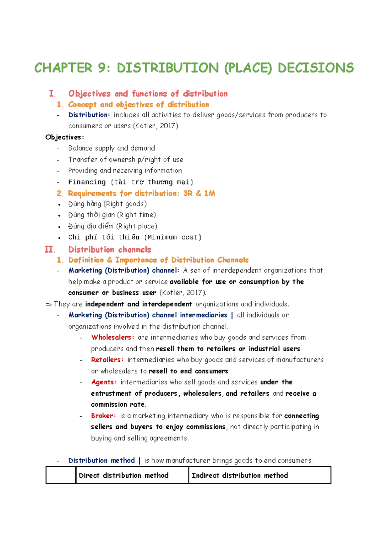 MKT 3: Chapter 9 - Distribution (Place) Decisions Overview - Studocu