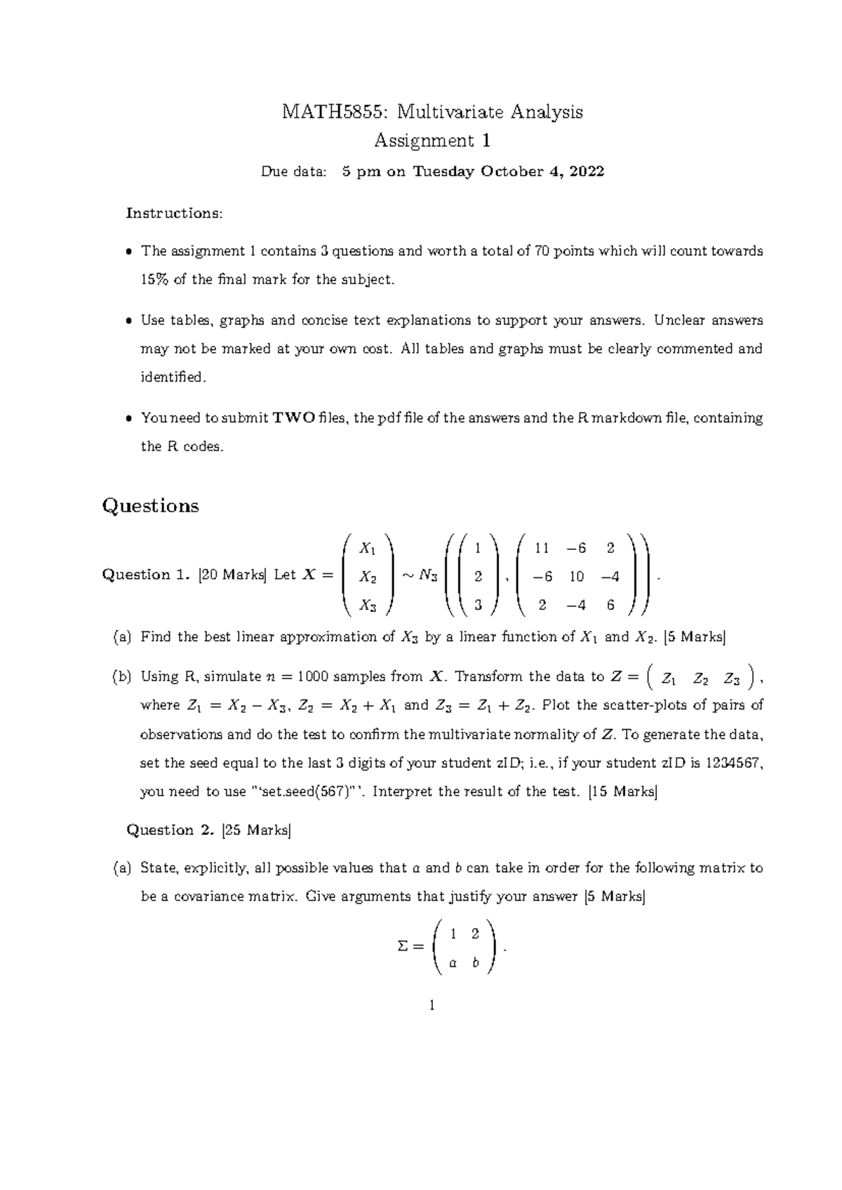 Assignment 1 - MATH5855: Multivariate Analysis Assignment 1 Due data: 5 ...