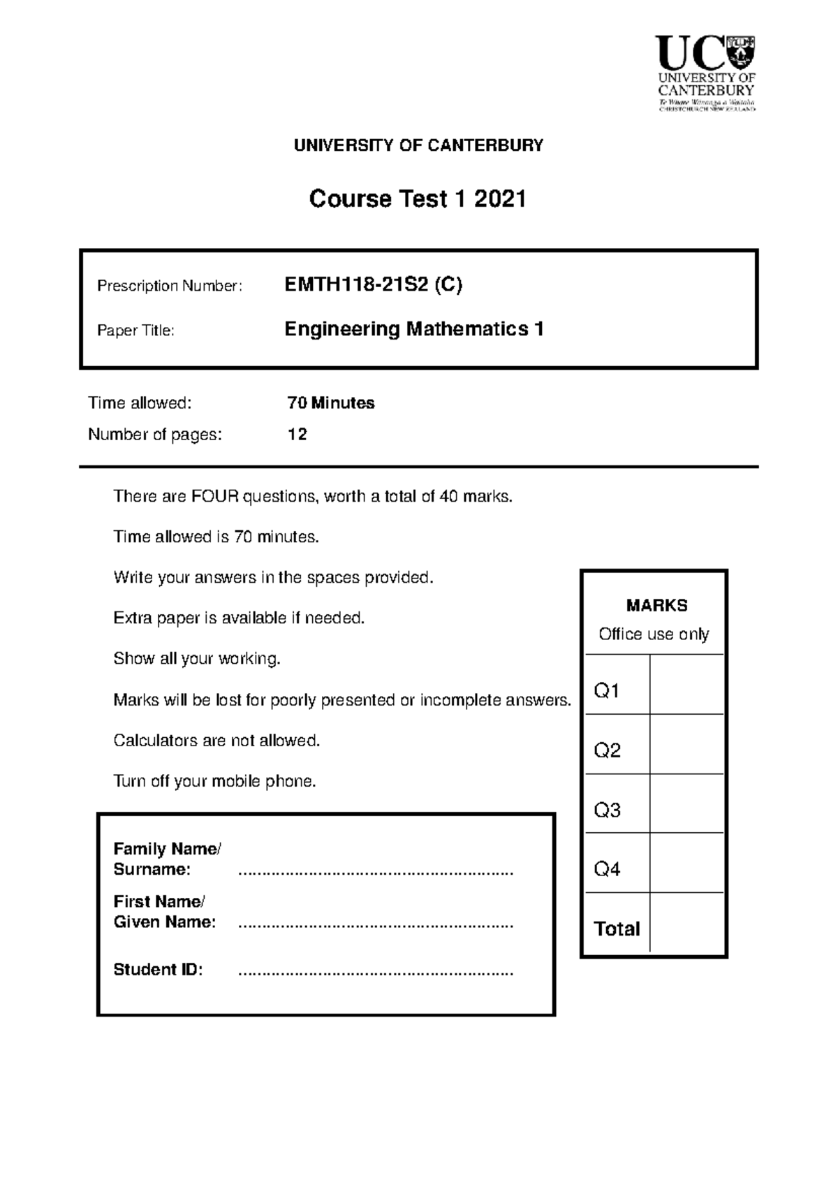 EMTH118 21S2 Engineering Mathematics Test 1 Questions and Answers - Studocu