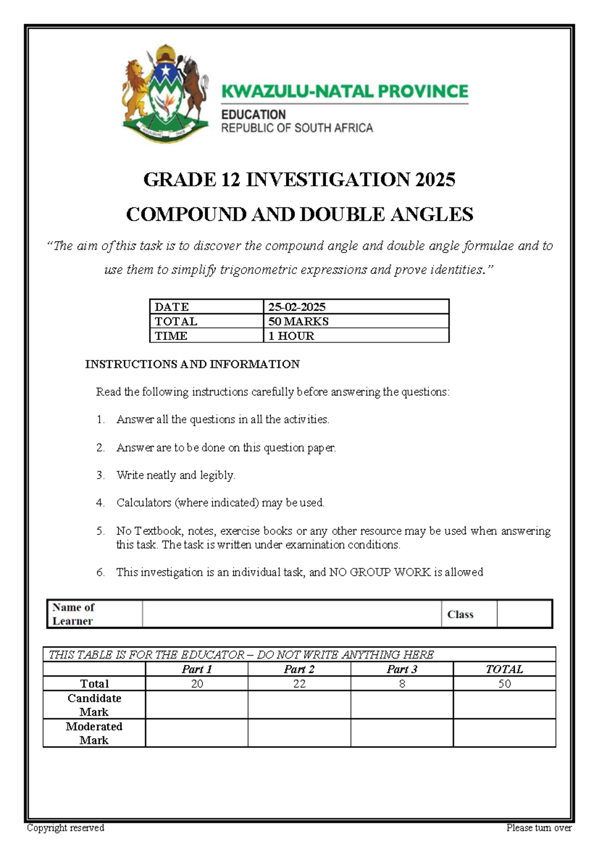 Grade 12 Trig Investigation: Compound & Double Angles 2025 - Studocu