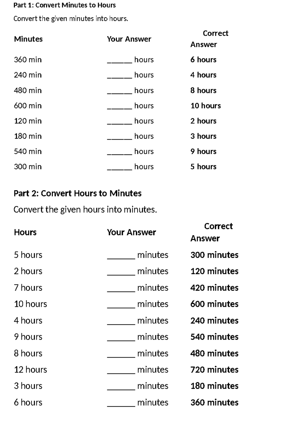Act for grade 3 - act. - Part 1: Convert Minutes to Hours Convert the ...