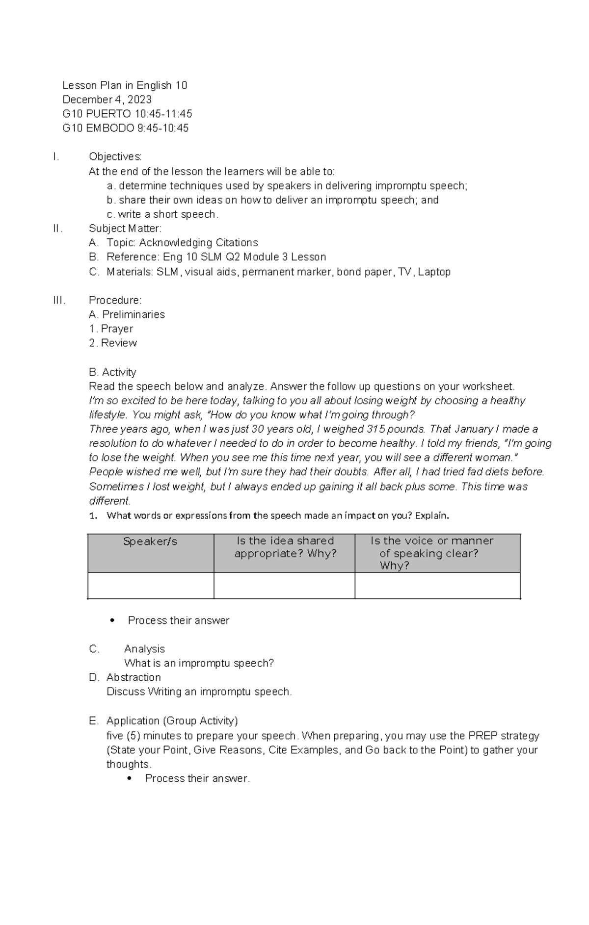 ENG 10 Lesson Plan: Techniques for Impromptu Speech Delivery - Studocu