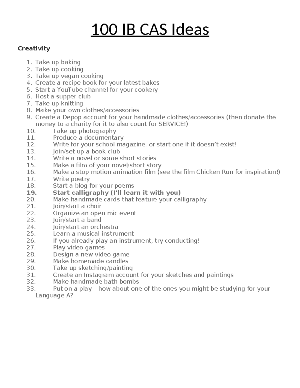 CAS Creativity and Activity Ideas for IB Students - Studocu