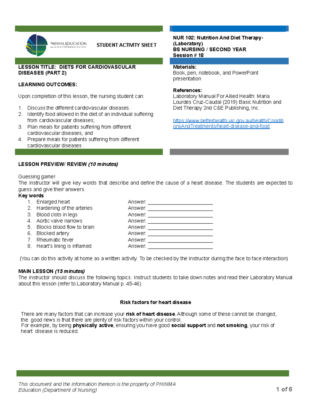 NUR 102: Lesson Notes on Diets for Cardiovascular Diseases (Part 2 ...