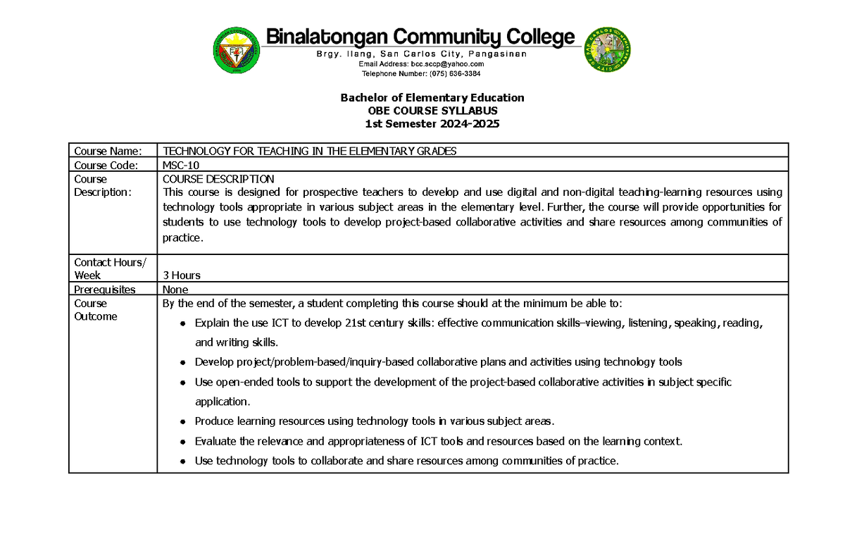 Technology for Teaching in the Elementary Grades - OBE Syllabus 1st Sem ...
