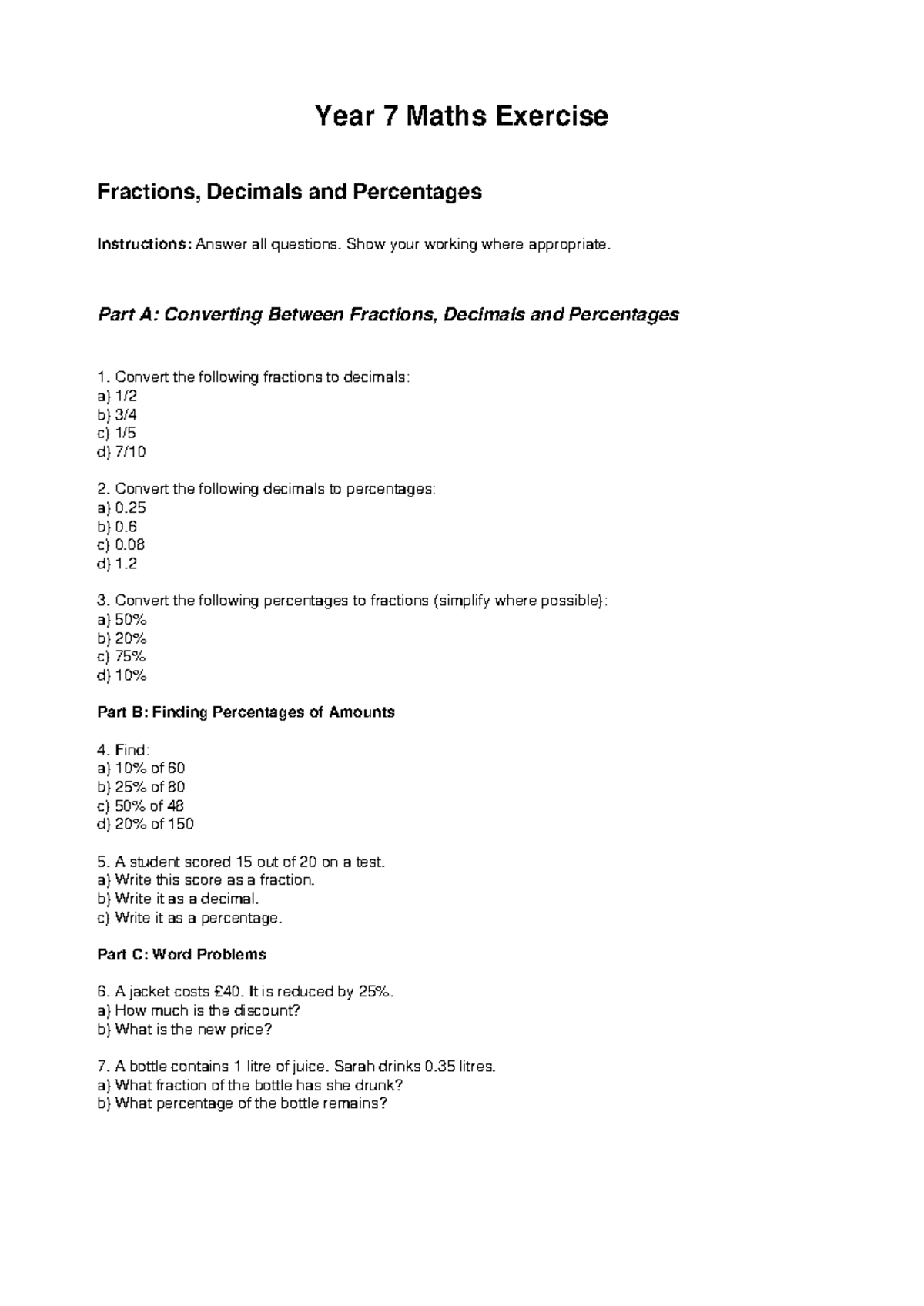 Year 7 Maths Exercise: Fractions, Decimals & Percentages - Studocu