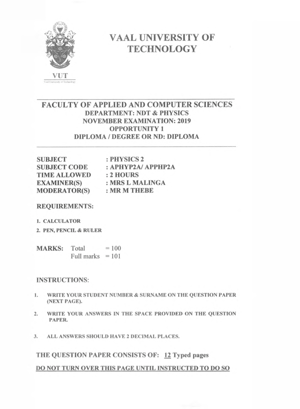Physics 2 Practical Exam - November 2019 Past Paper Analysis - Studocu