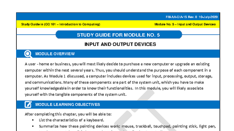 CC 101 Study Guide: Module 5 - Input and Output Devices - Studocu