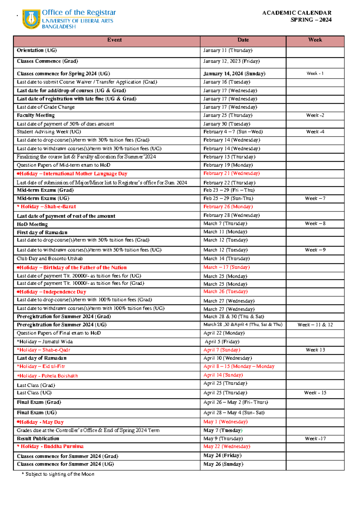 Spring 2024 Academic Calendar for UG & Grad Students - Studocu
