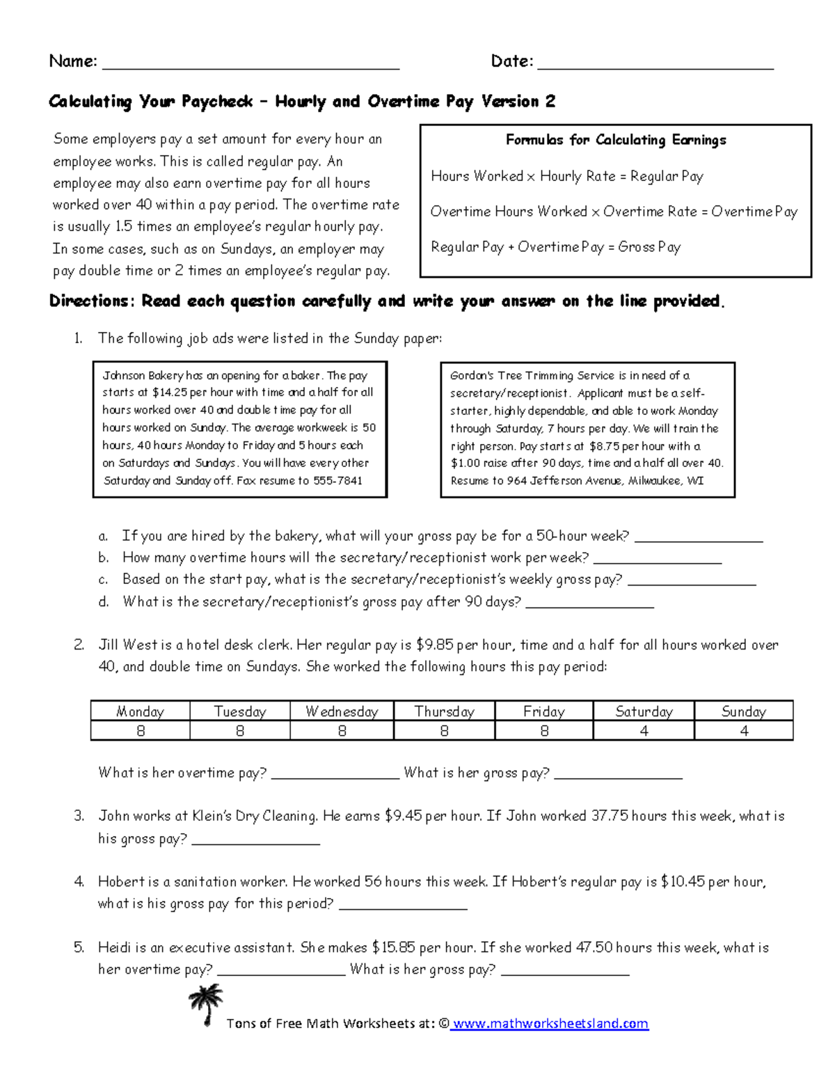 Calculating Hourly and Overtime Pay Exercises - Version 2 - Studocu