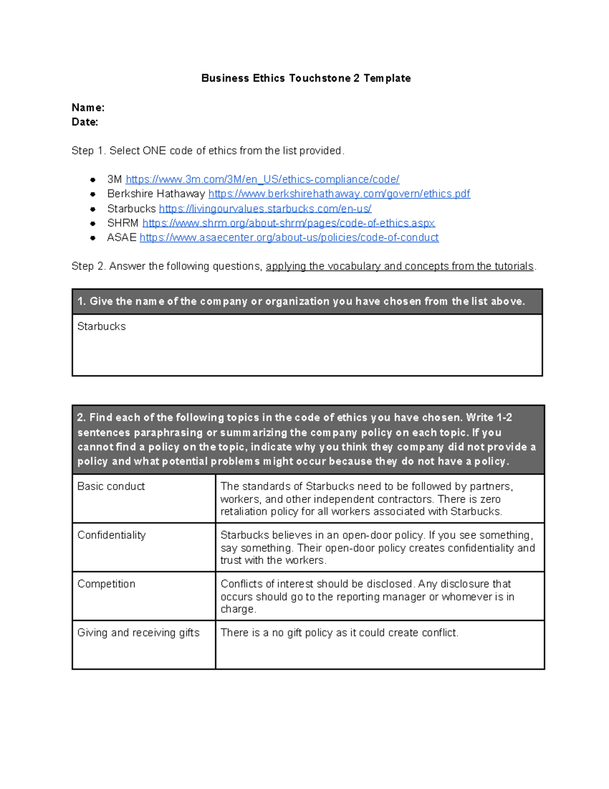 Business Ethics Touchstone 2: Starbucks Code Analysis and Reflection - Studocu
