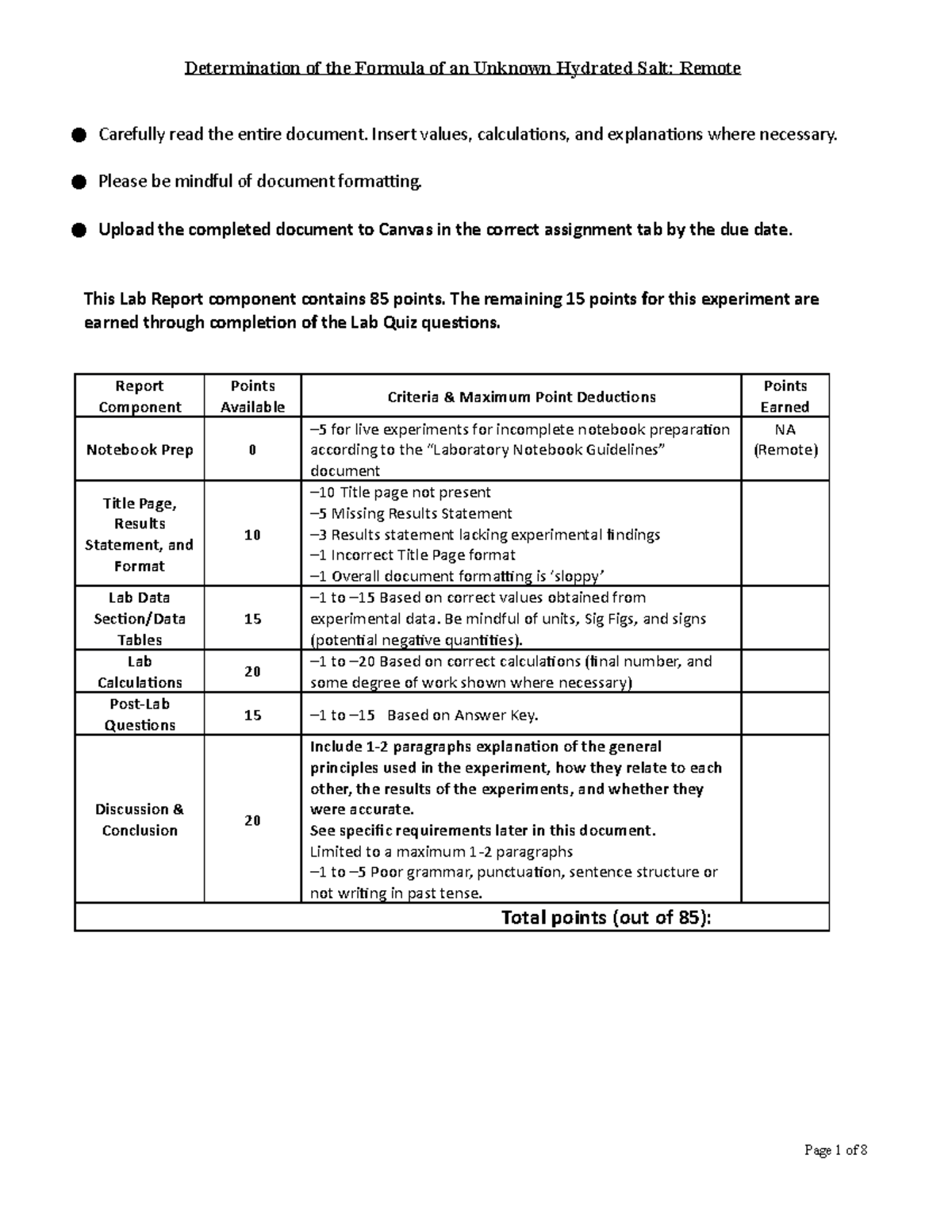 Lab 3: Determining the Formula of an Unknown Hydrated Salt (Remote ...