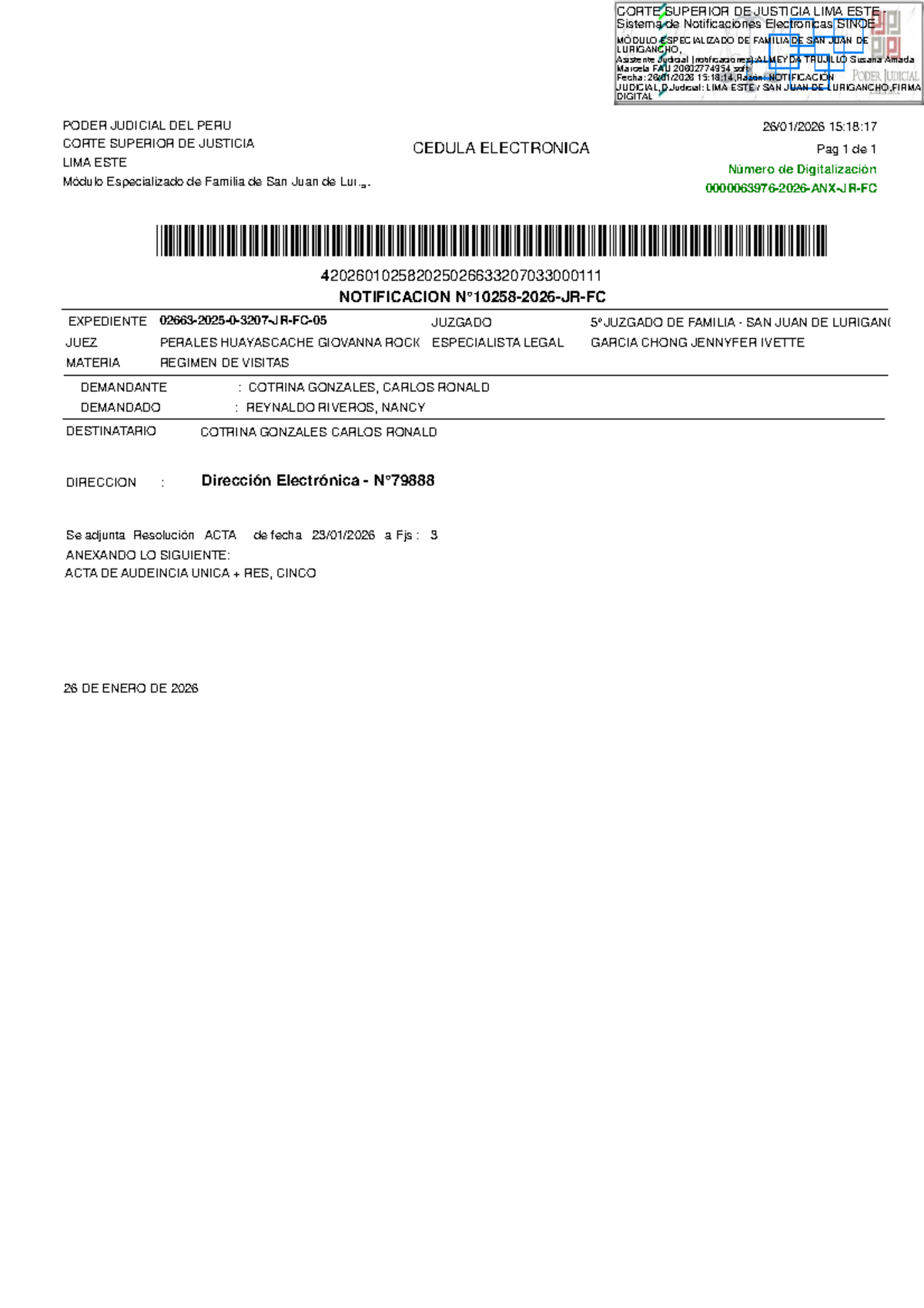 Notificación Judicial y Resolución de Régimen de Visitas - Exp. - Studocu