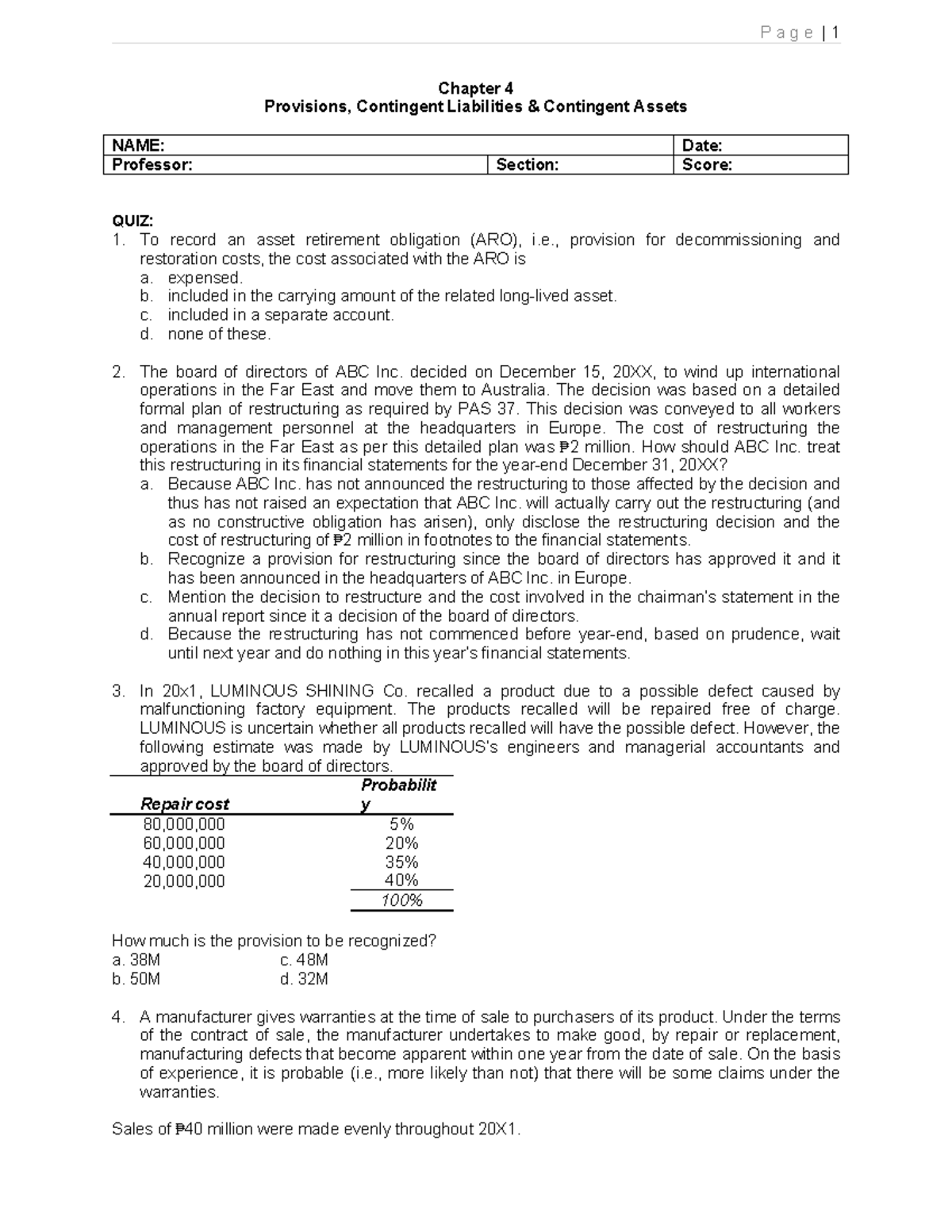 Quiz on Provisions, Contingent Liabilities & Assets (Chapter 4) - Studocu