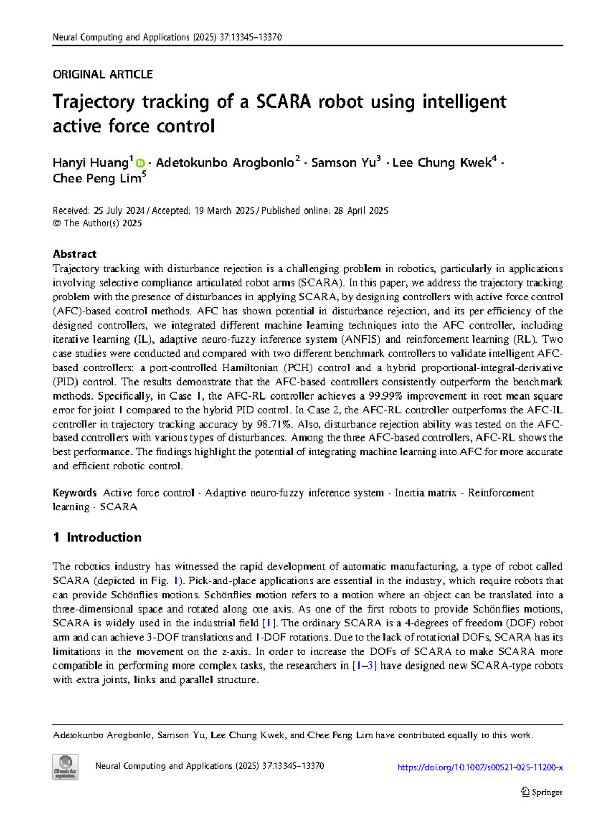 SCARA Robot Trajectory Tracking with Intelligent Active Force Control ...