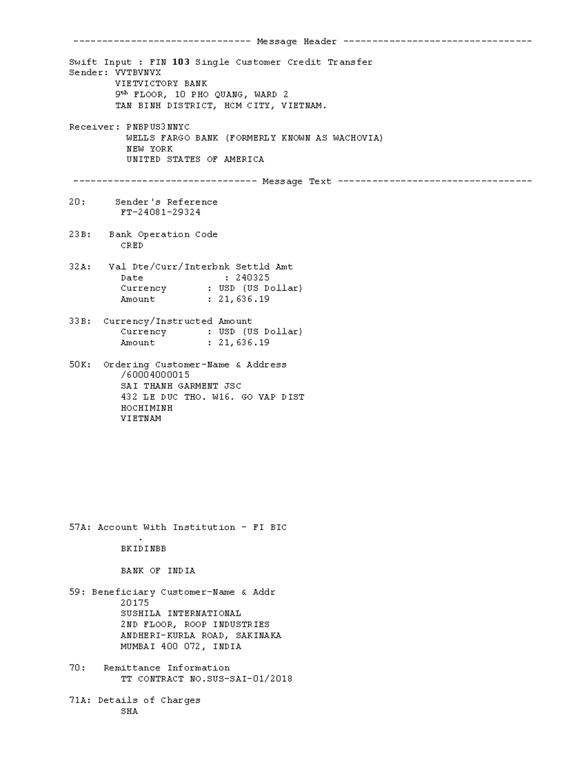 Overseas Transfer MT 103 Details - 20240325 Transaction Summary - Studocu