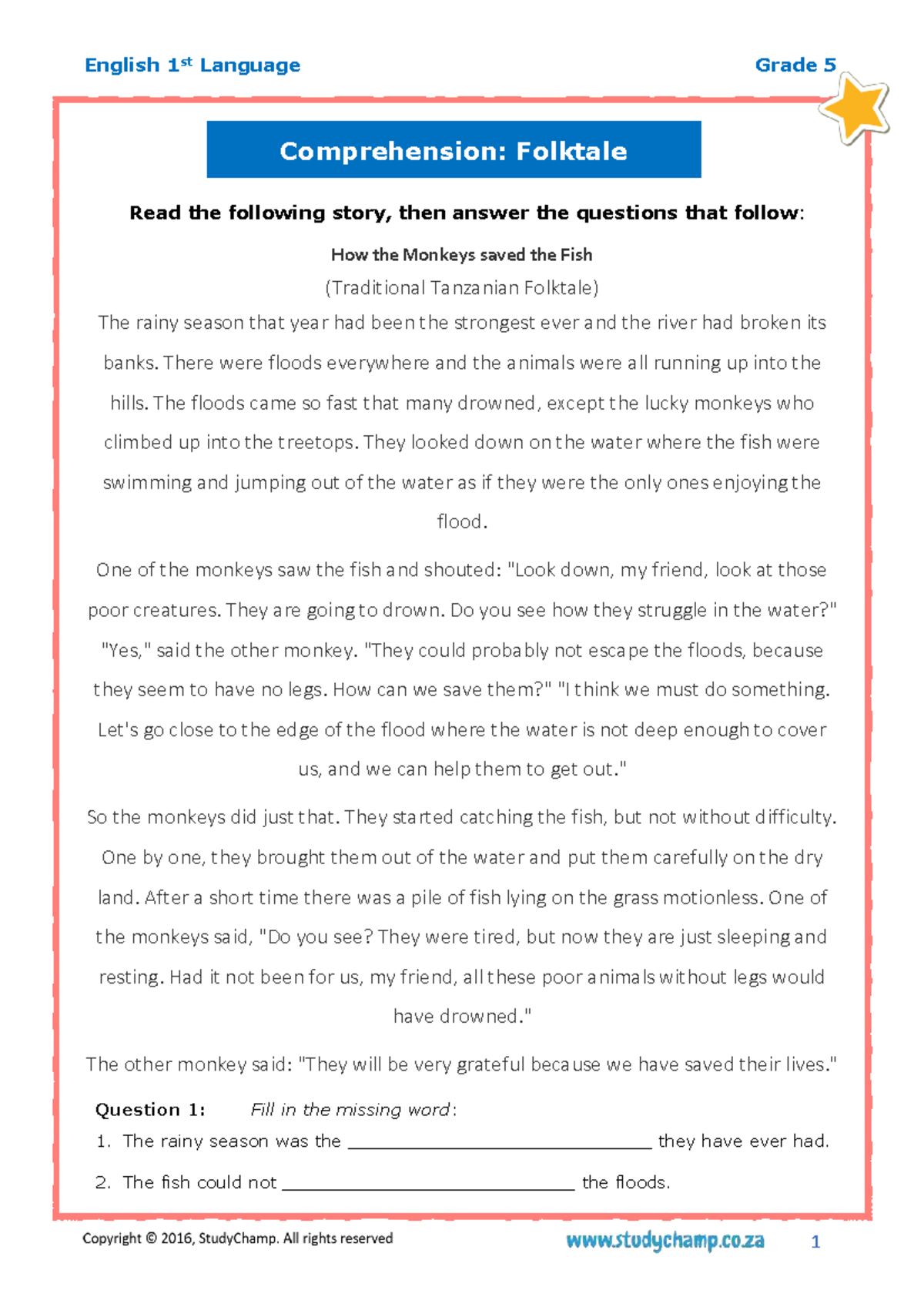 English 1st Language Grade 5: Comprehension of "How the Monkeys Saved ...