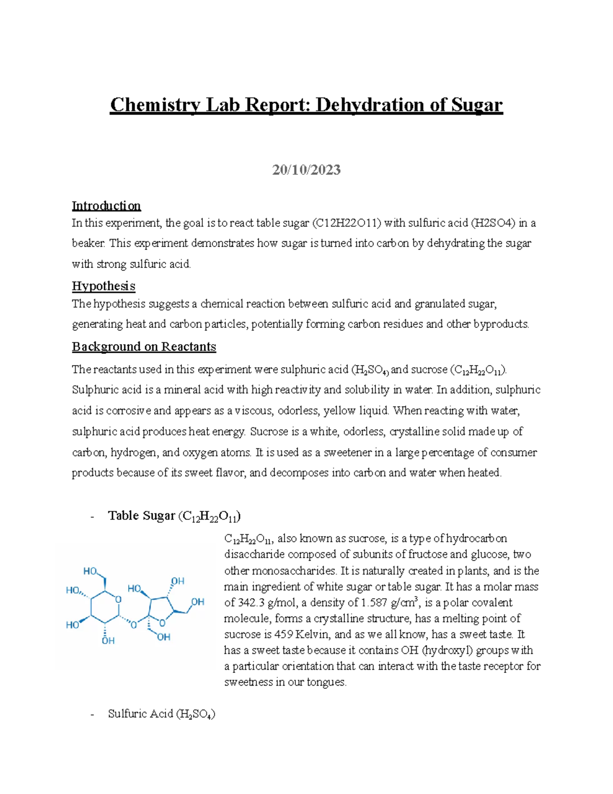 Chemistry Lab Report: Sugar Dehydration with H2SO4 Reaction - Studocu