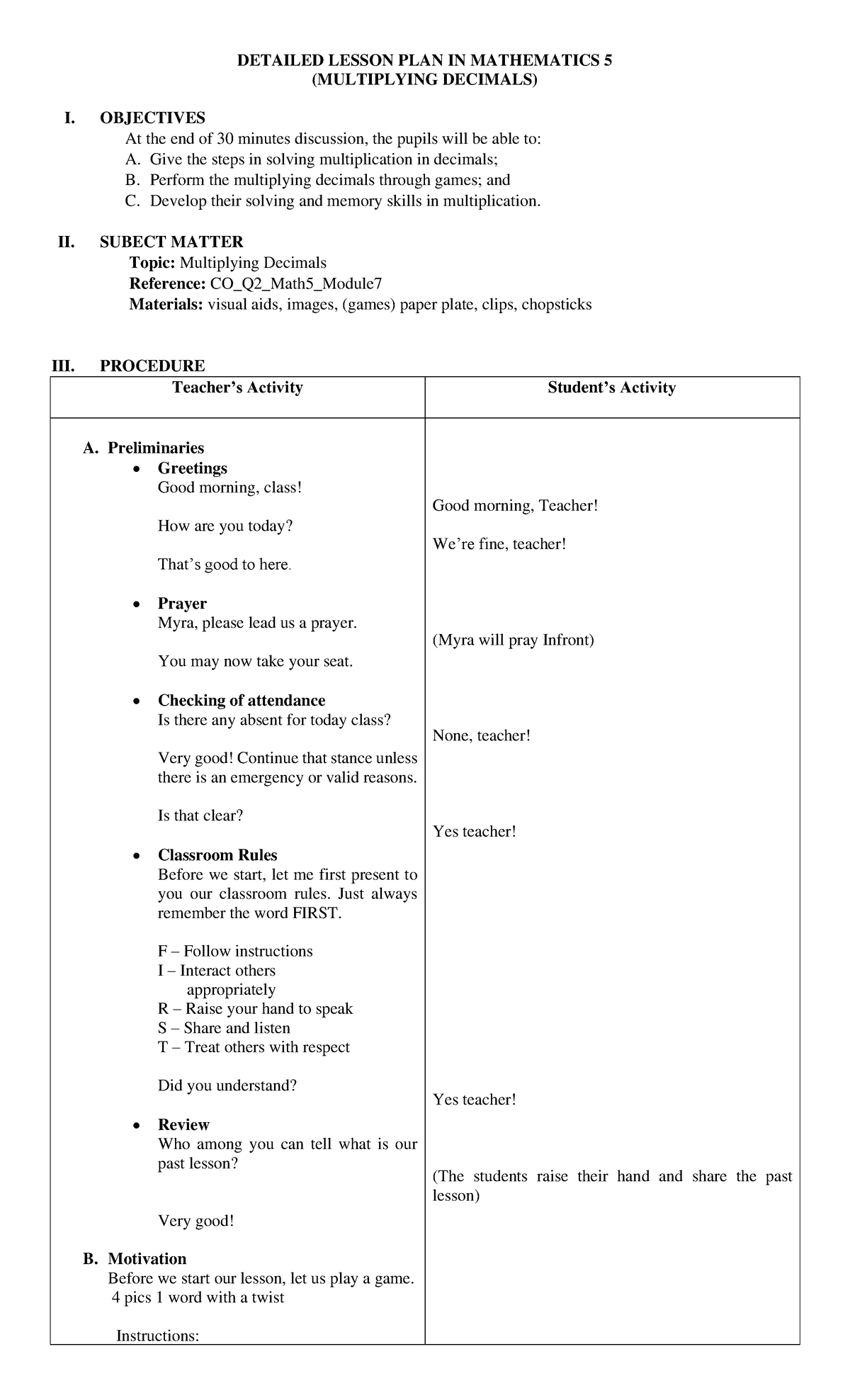 Detailed Lesson Plan in Math 5: Multiplying Decimals - Studocu