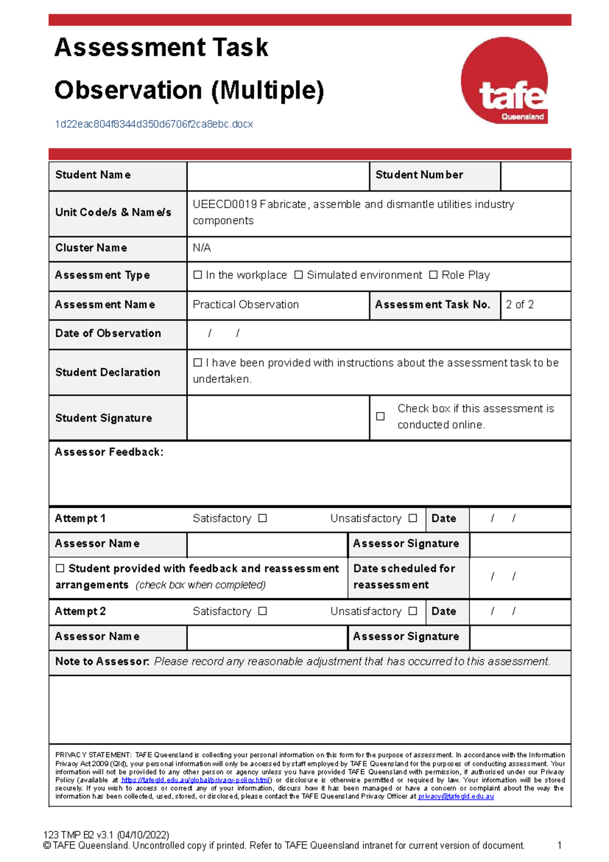 UEECD0019 Practical Observation Assessment Task 2 Documentation - Studocu