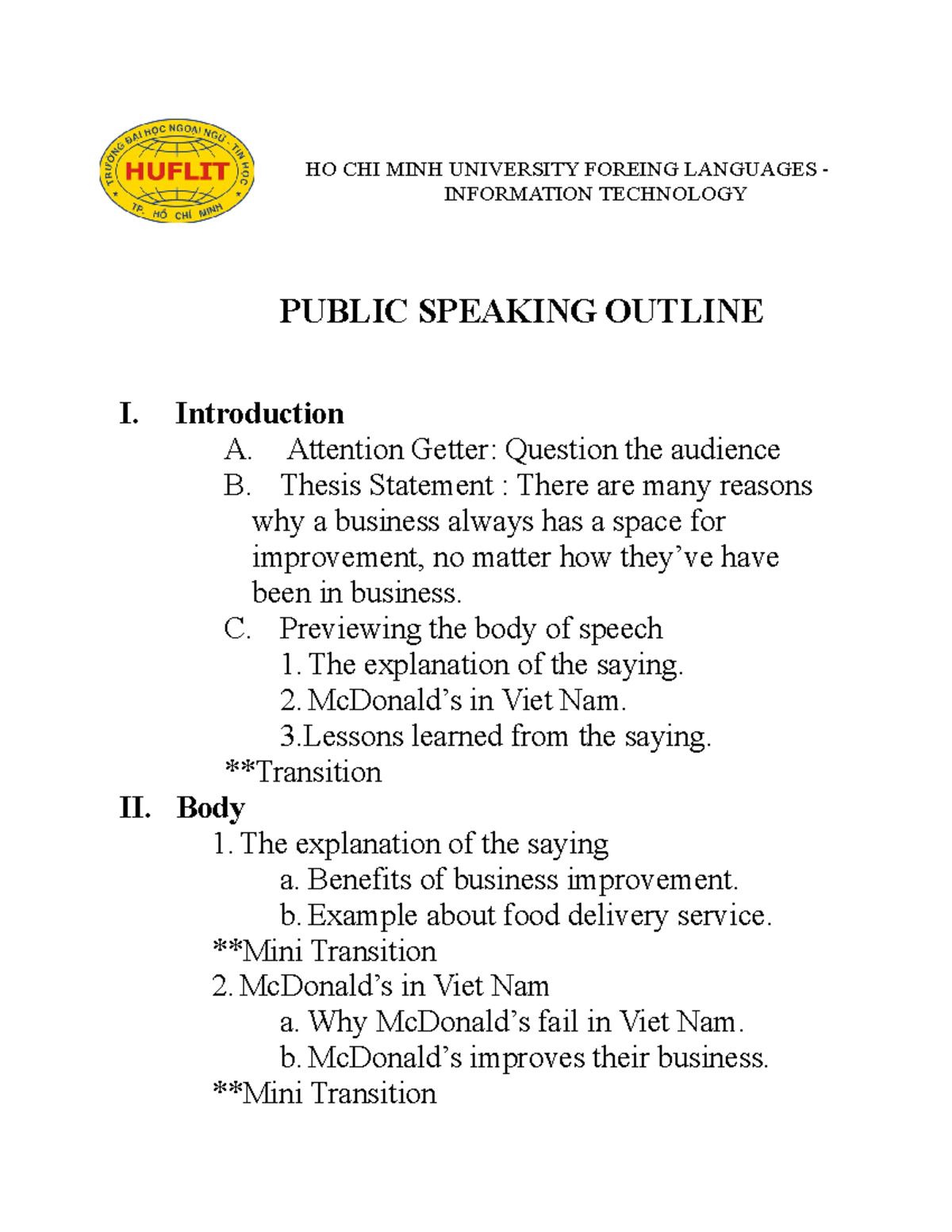 Public Speaking Outline-2 - HO CHI MINH UNIVERSITY FOREING LANGUAGES ...