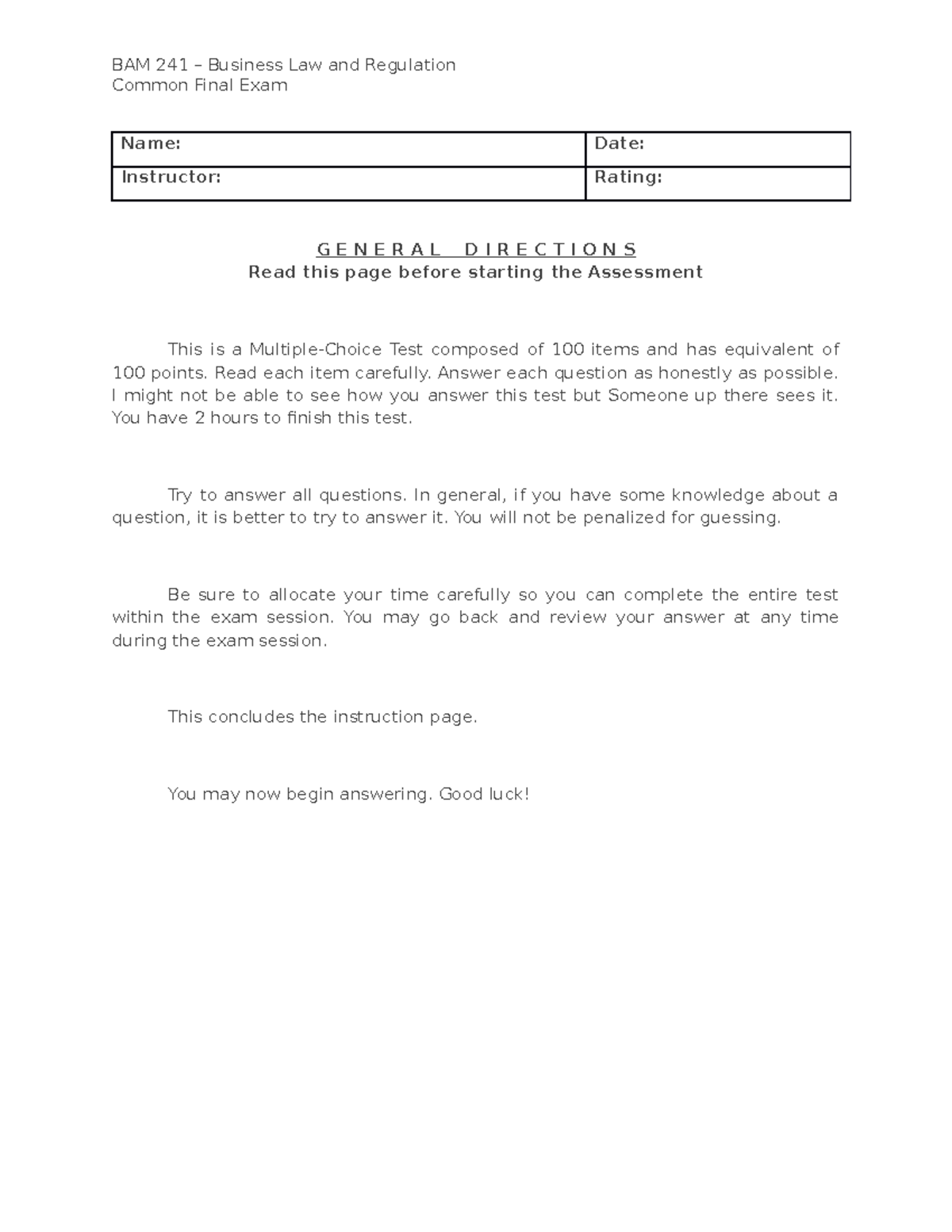 BAM 241 CFE - Common Final Exam Multiple Choice Questions Guide - Studocu