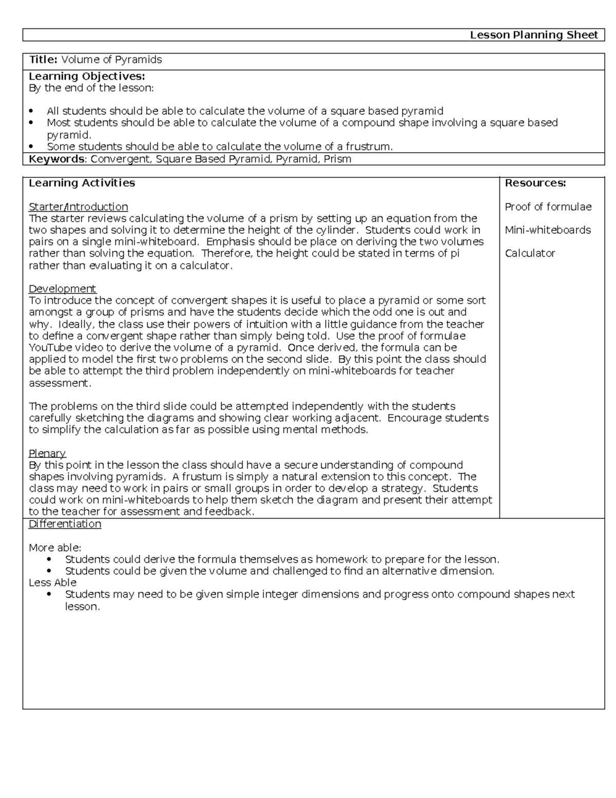 136488492 Pyramids Lesson Plan: Teaching Volume Calculations - Studocu