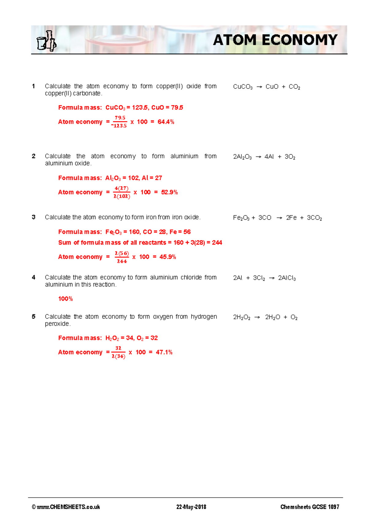 GCSE Chemistry 1097: Atom Economy Calculation Exercises and Answers ...