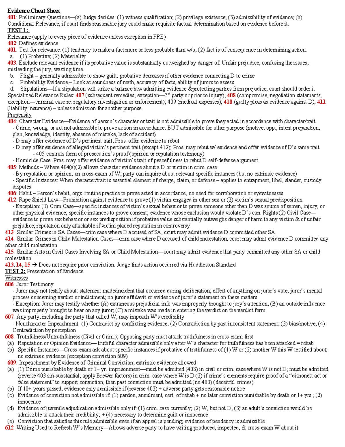 Evidence Cheat Sheet: Key Rules & Principles for 401-803 (LAW 401 ...
