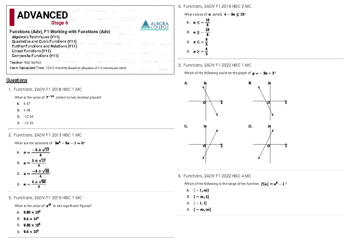 Year 11 Adv AT1 Functions & Algebra Questions Bank - Studocu