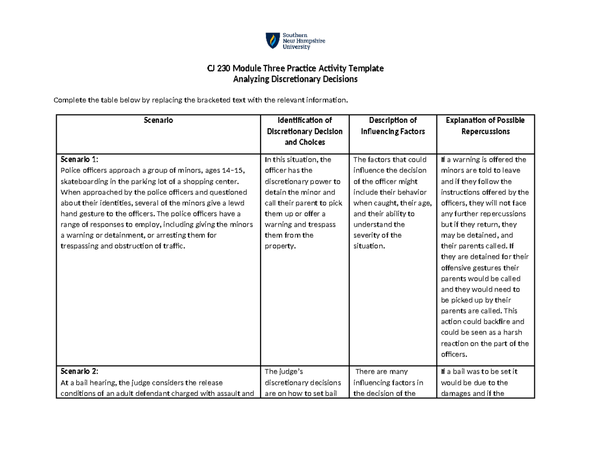 CJ 230 Module Three Practice Activity - Scenario Identification of ...