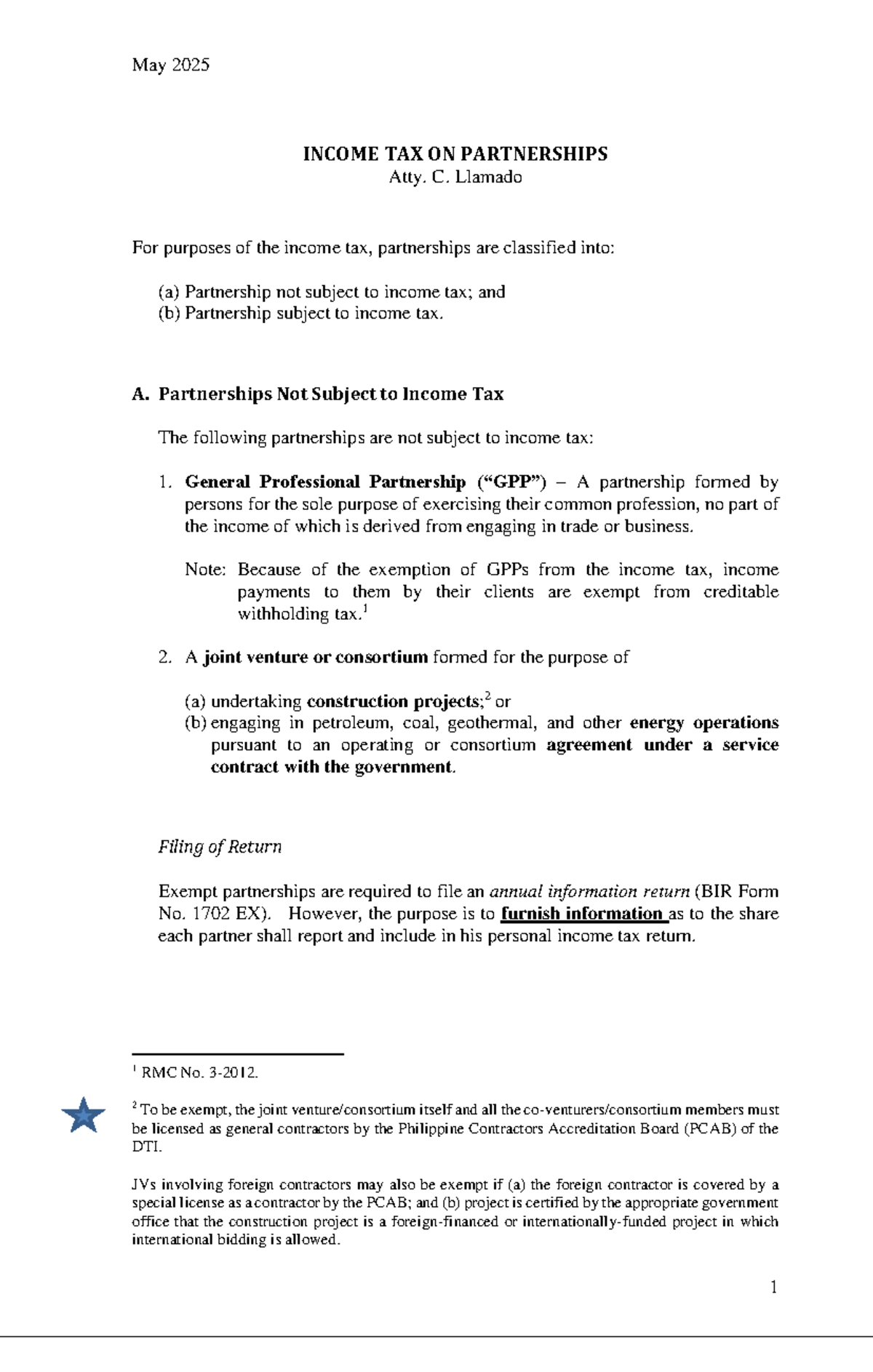 CPAR Income Tax on Partnerships (Batch 97) - Detailed Handout - Studocu