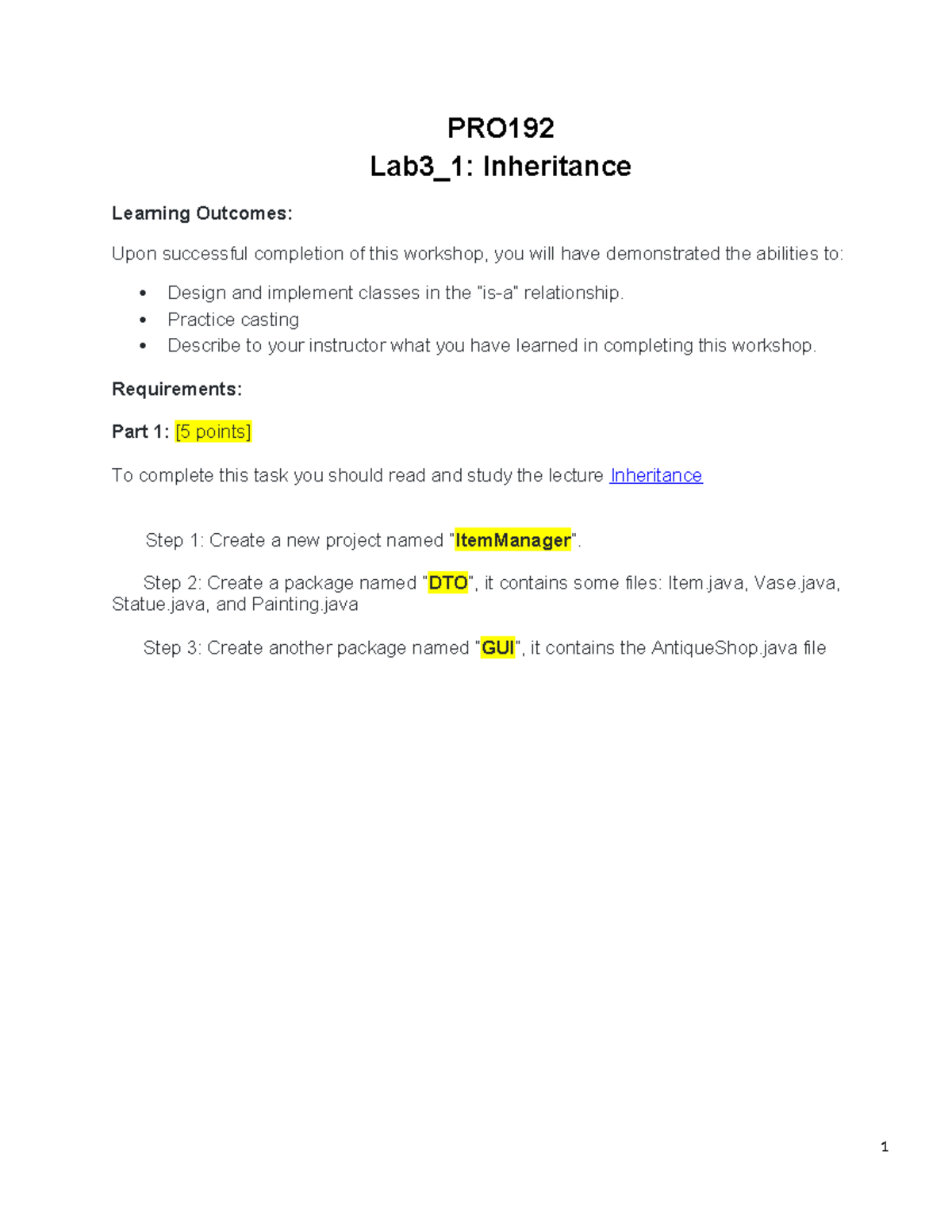 PRO192 Lab3 - abc - PRO Lab3_1: Inheritance Learning Outcomes: Upon successful completion of ...