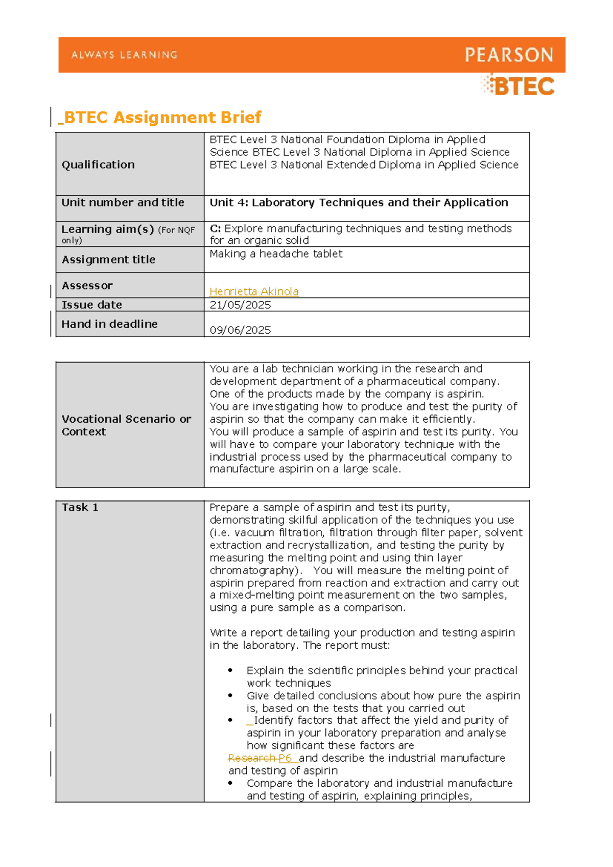 BTEC Level 3 Unit 4 Assignment: Lab Techniques for Aspirin Production ...