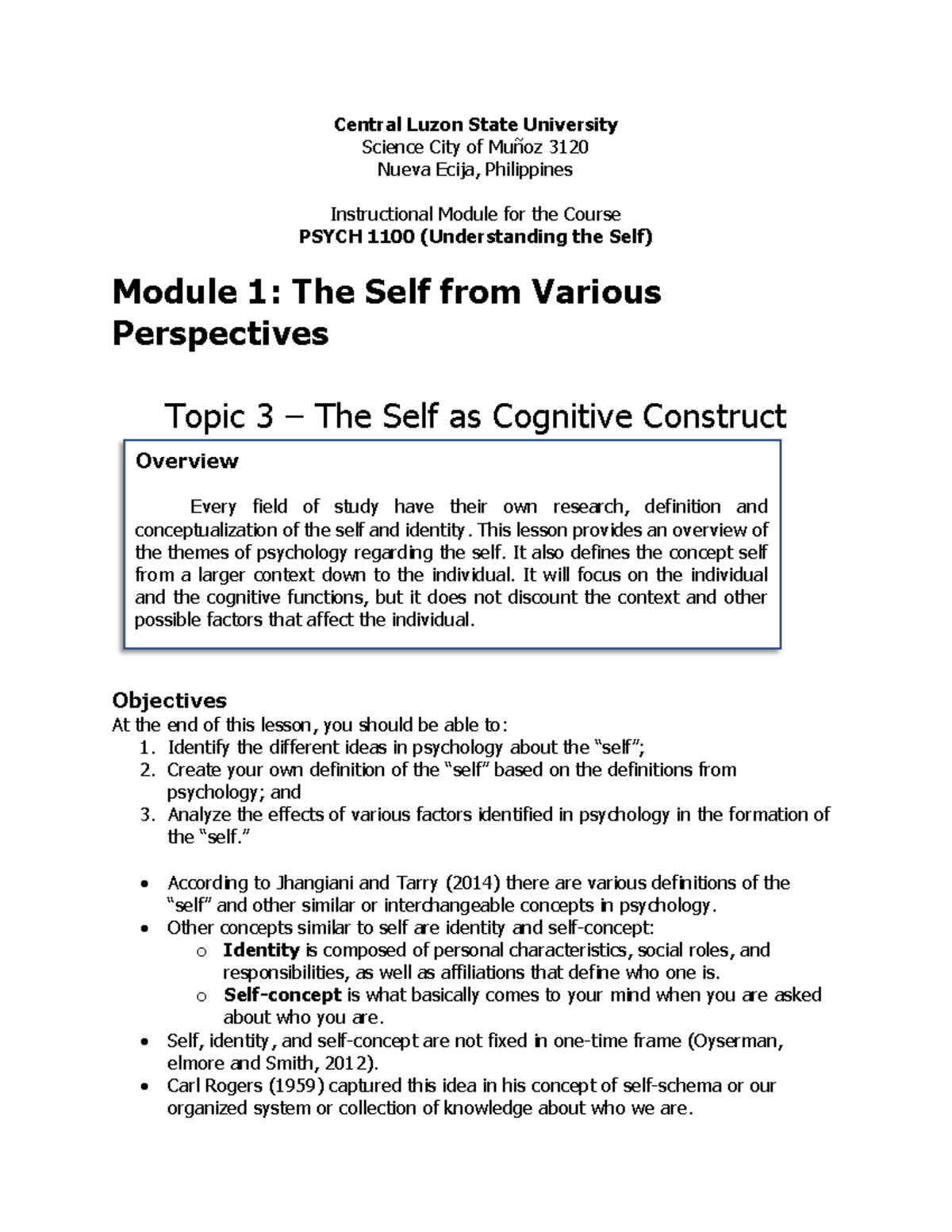 The Self as Cognitive Construct - Central Luzon State University ...