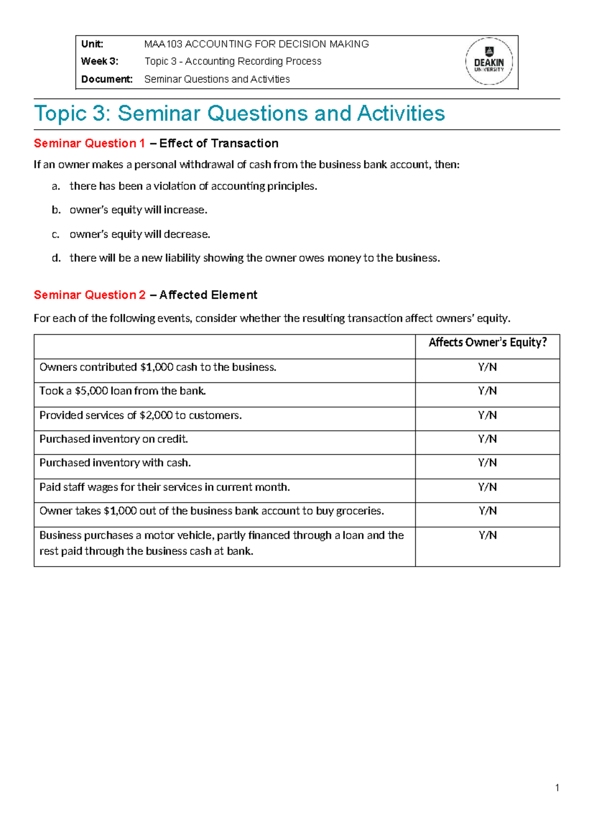 MAA103 Topic 3 - Seminar Questions - Week 3: Topic 3 - Accounting ...