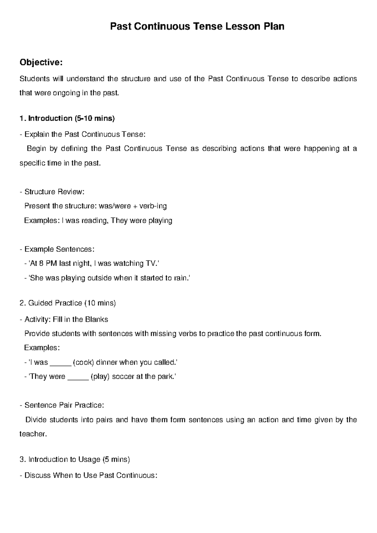 Past Continuous Tense Lesson Plan: Understanding Ongoing Actions - Studocu