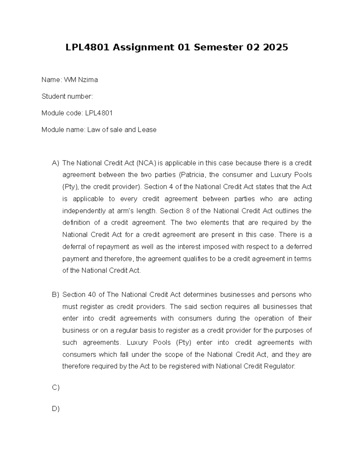 LPL4801 Assignment 01: Analysis of the National Credit Act - Studocu