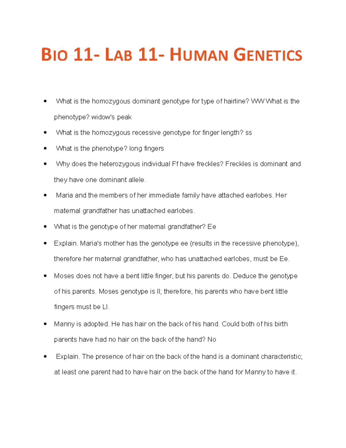 Bio 11- Lab 11- Human Genetics - BIO 11- LAB 11- HUMAN GENETICS - Studocu