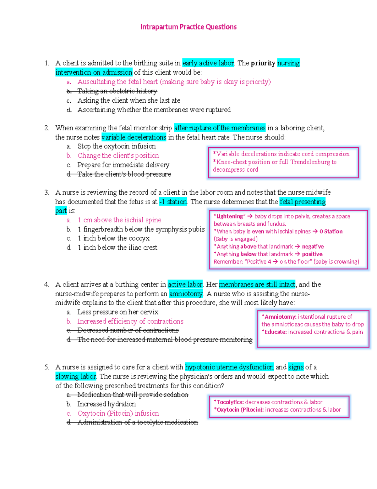 Unit 4 - Intrapartum & Postpartum Practice Questions for Nursing ...