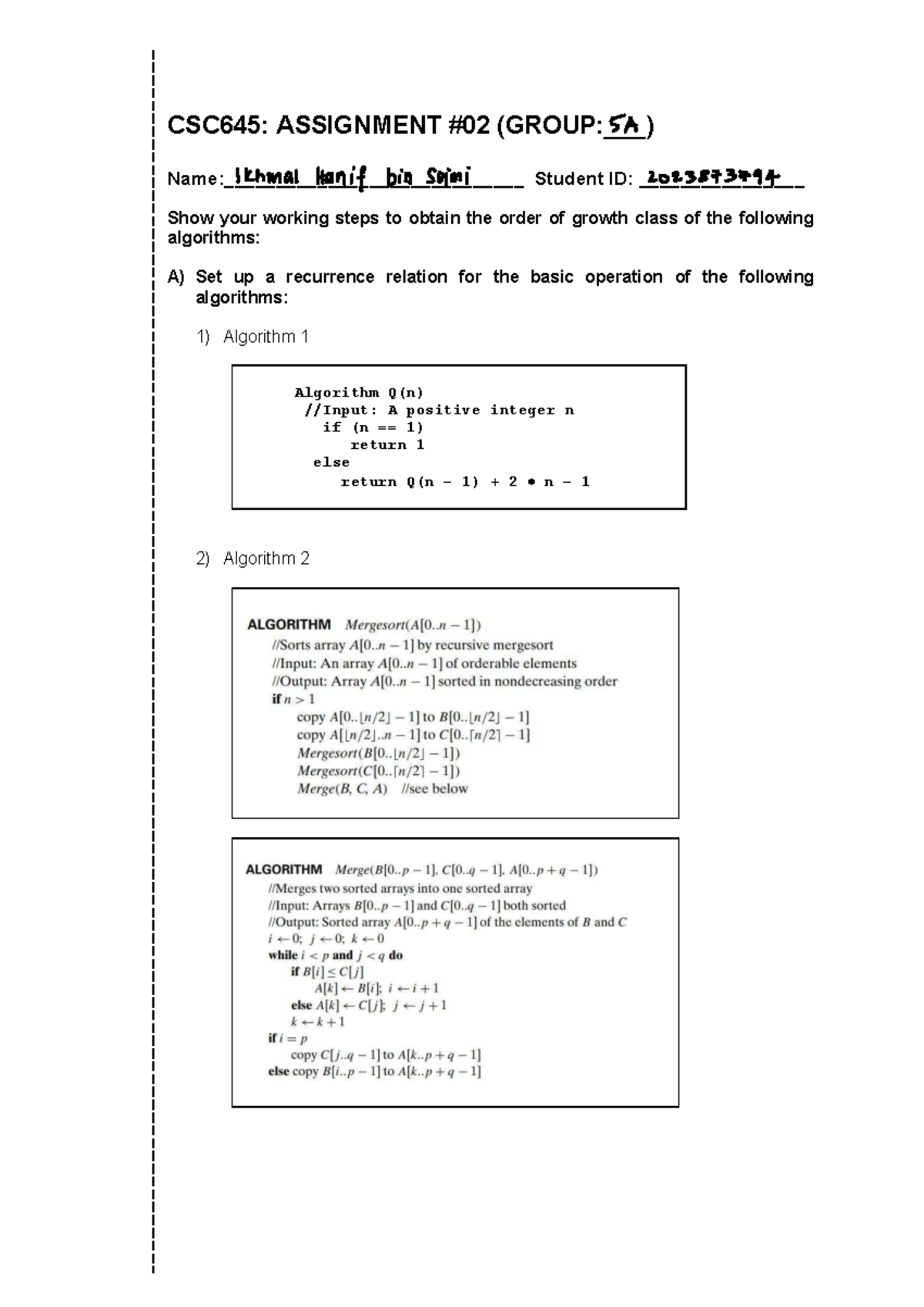 CSC645: Assignment 2 - Recurrence Relations & Growth Class Analysis - Studocu