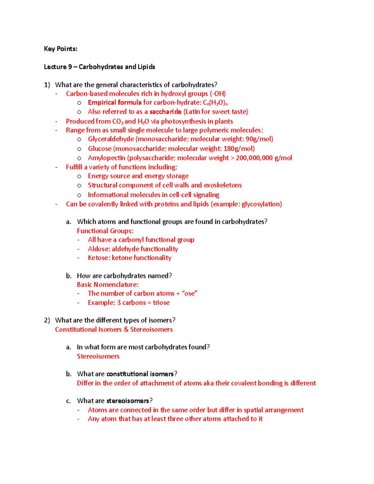 Lecture 9: Key Points on Carbohydrates and Lipids Concepts - Studocu