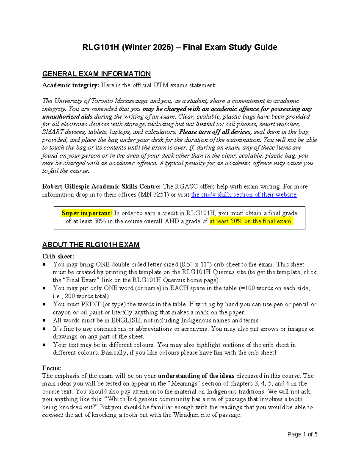 RLG101H (Winter 2026) Final Exam Study Guide & Key Information - Studocu