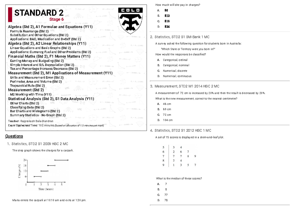 Year 11 Mathematics Standard Revision 1: Charges, Algebra & Statistics ...